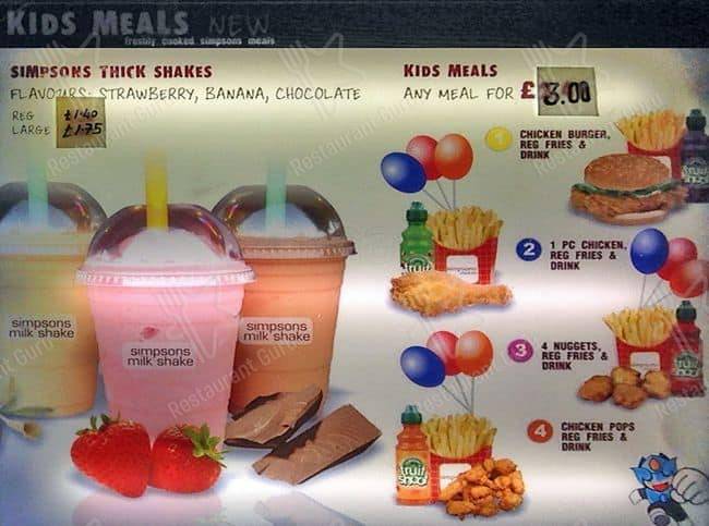 Menu at Simpsons Chicken restaurant, Chertsey