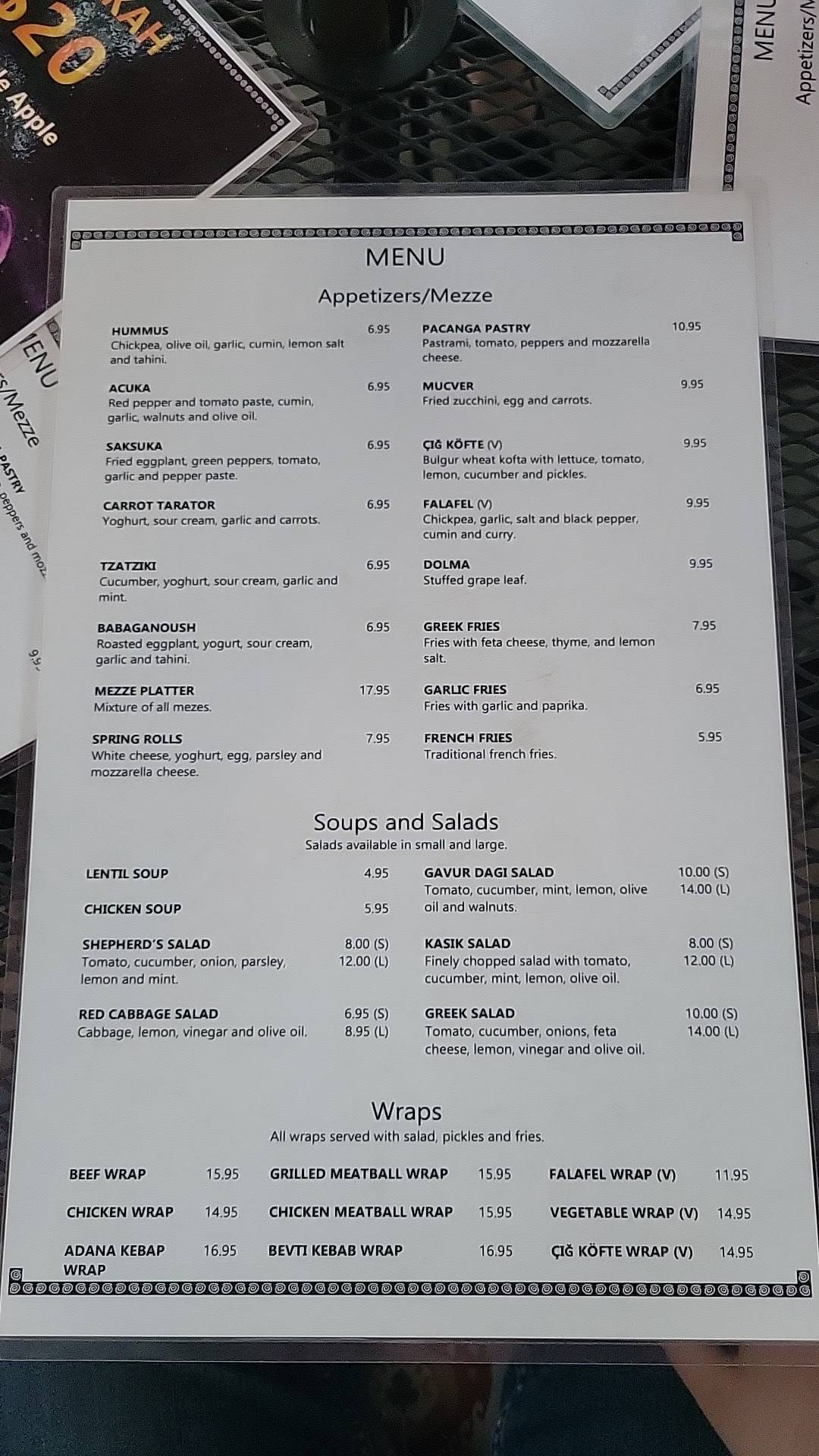 Menu at Sinbad's Restaurant, Tucson