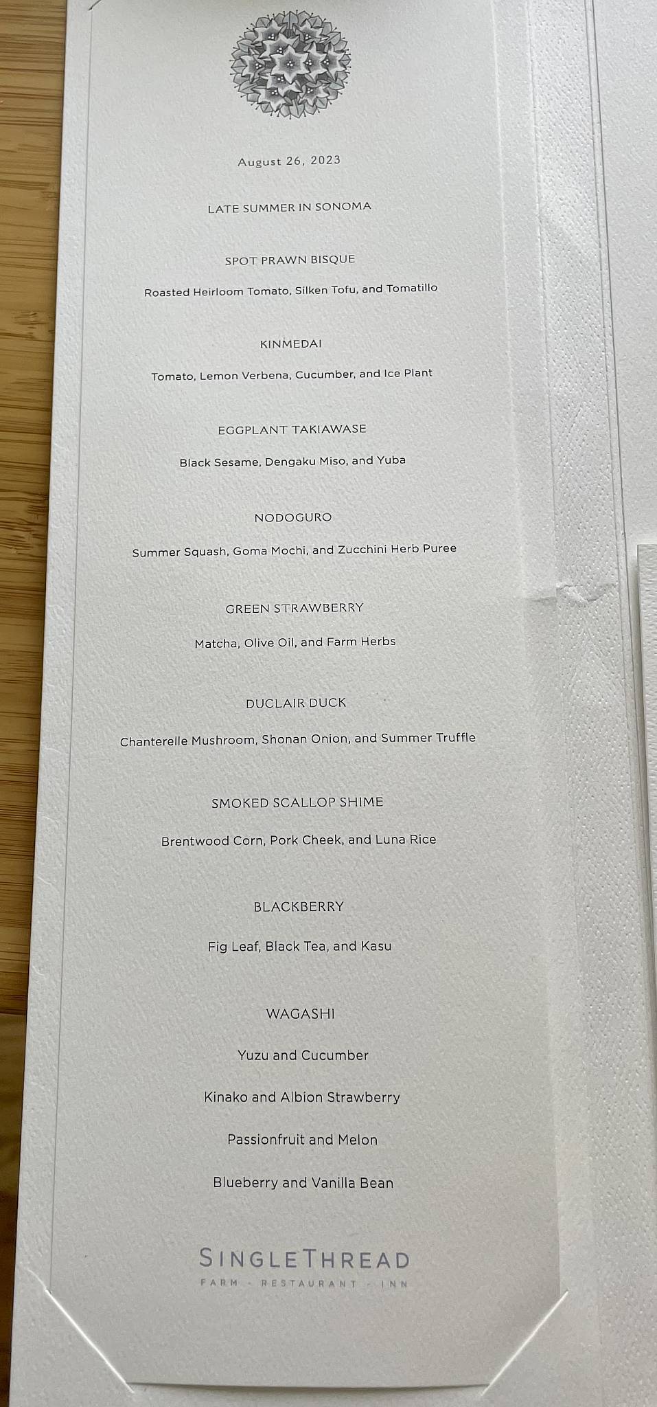 Menu at SingleThread Farm - Restaurant - Inn, Healdsburg