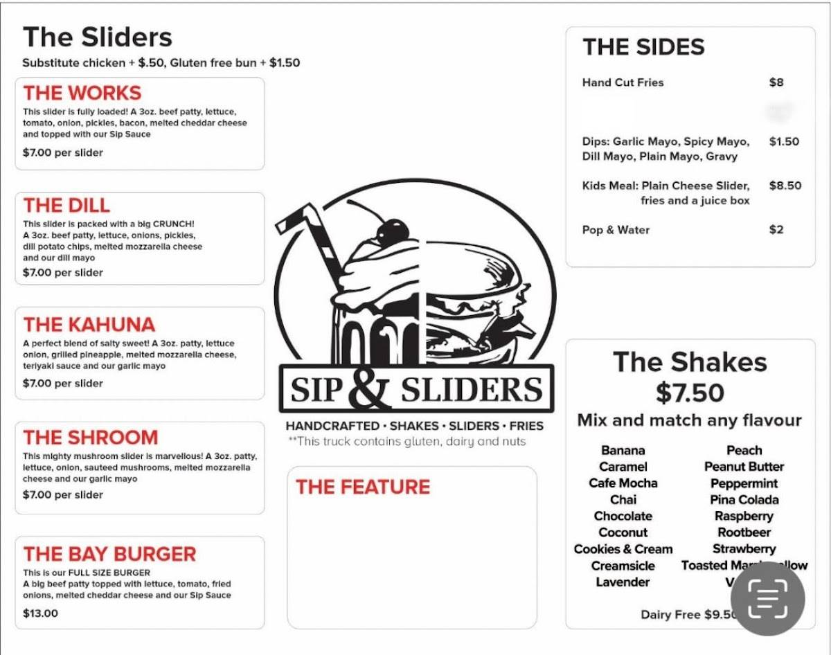 Menu at Sip And Sliders Food... restaurant, Nanaimo