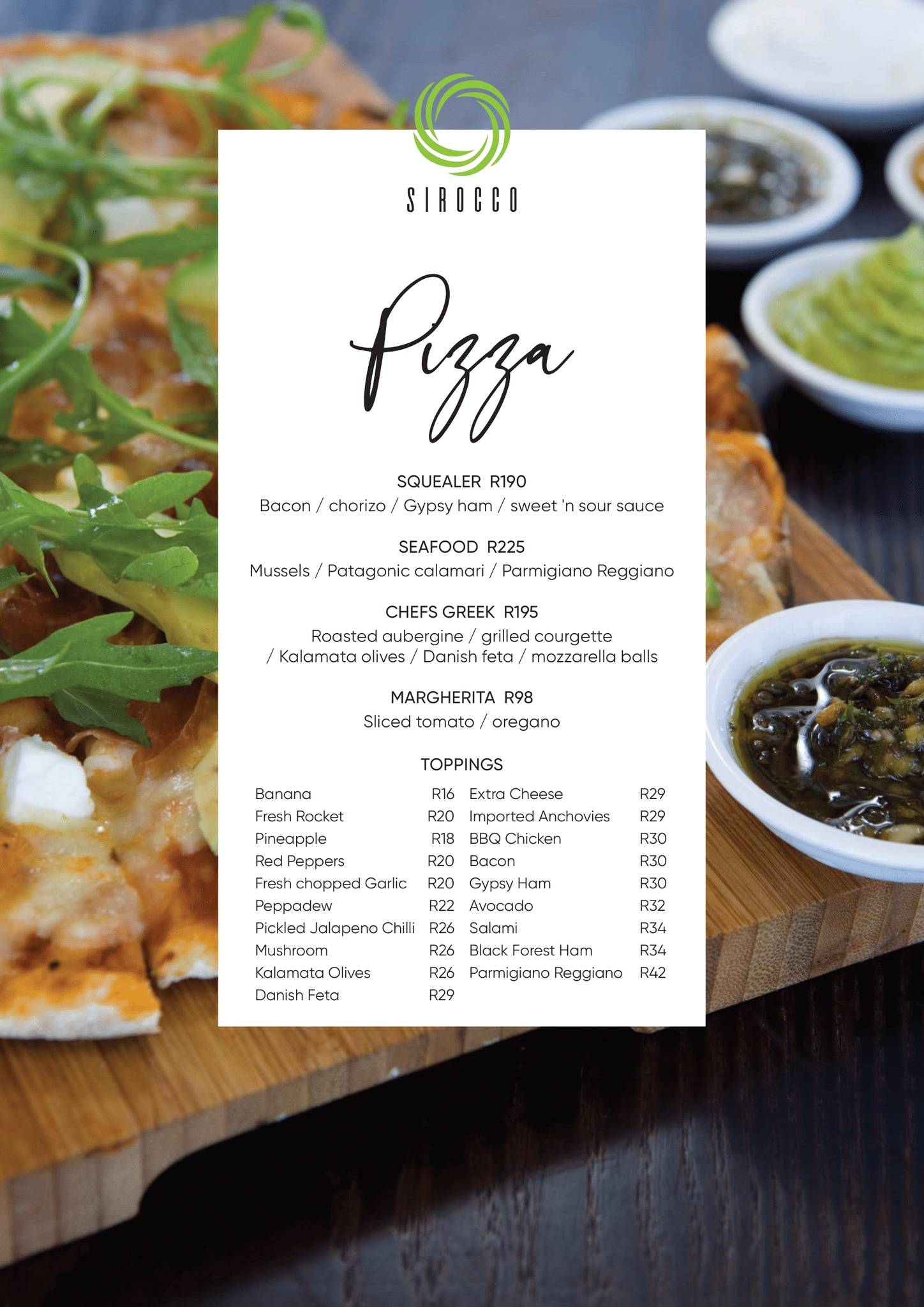 Menu at Sirocco restaurant, Knysna, 28