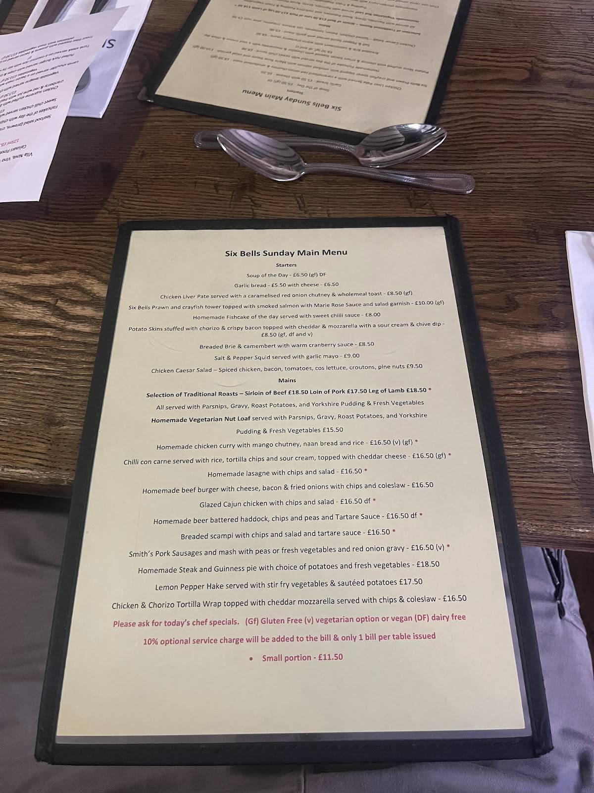 Menu at Six Bells pub & bar, Chelmsford