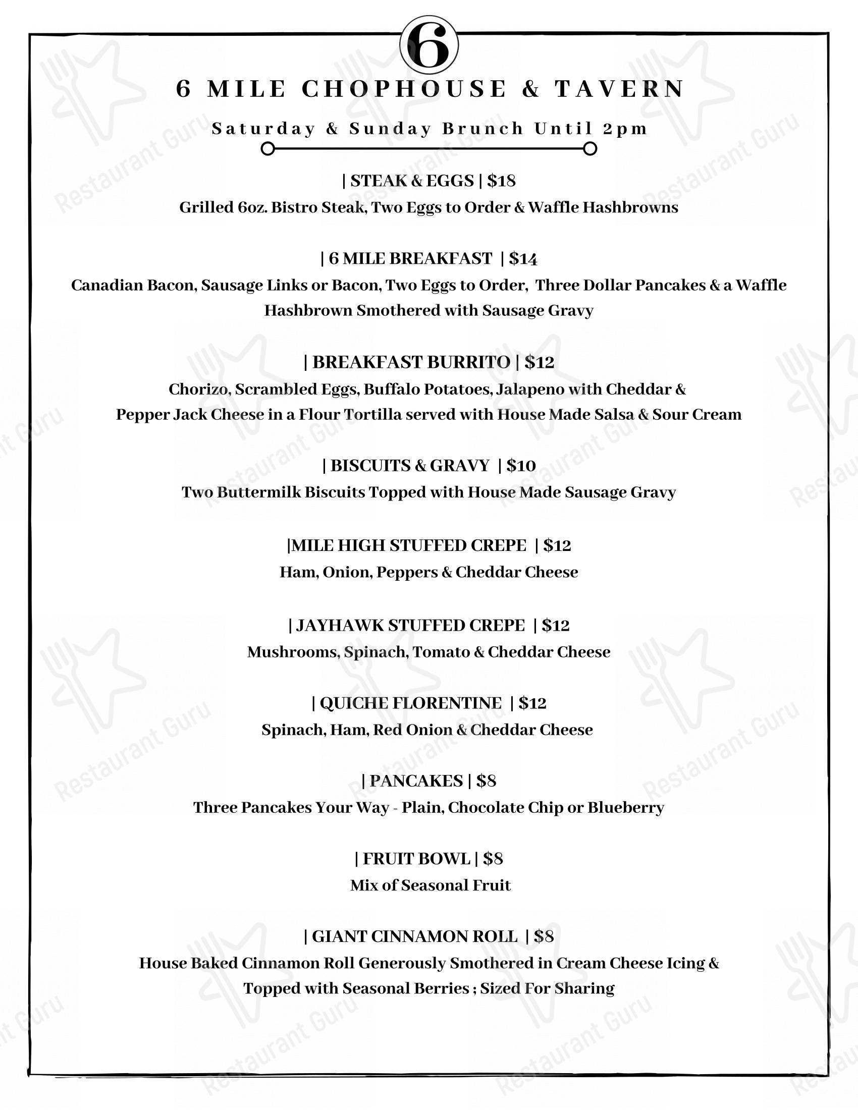 Menu at Six Mile Chop House and Tavern pub & bar, Lawrence