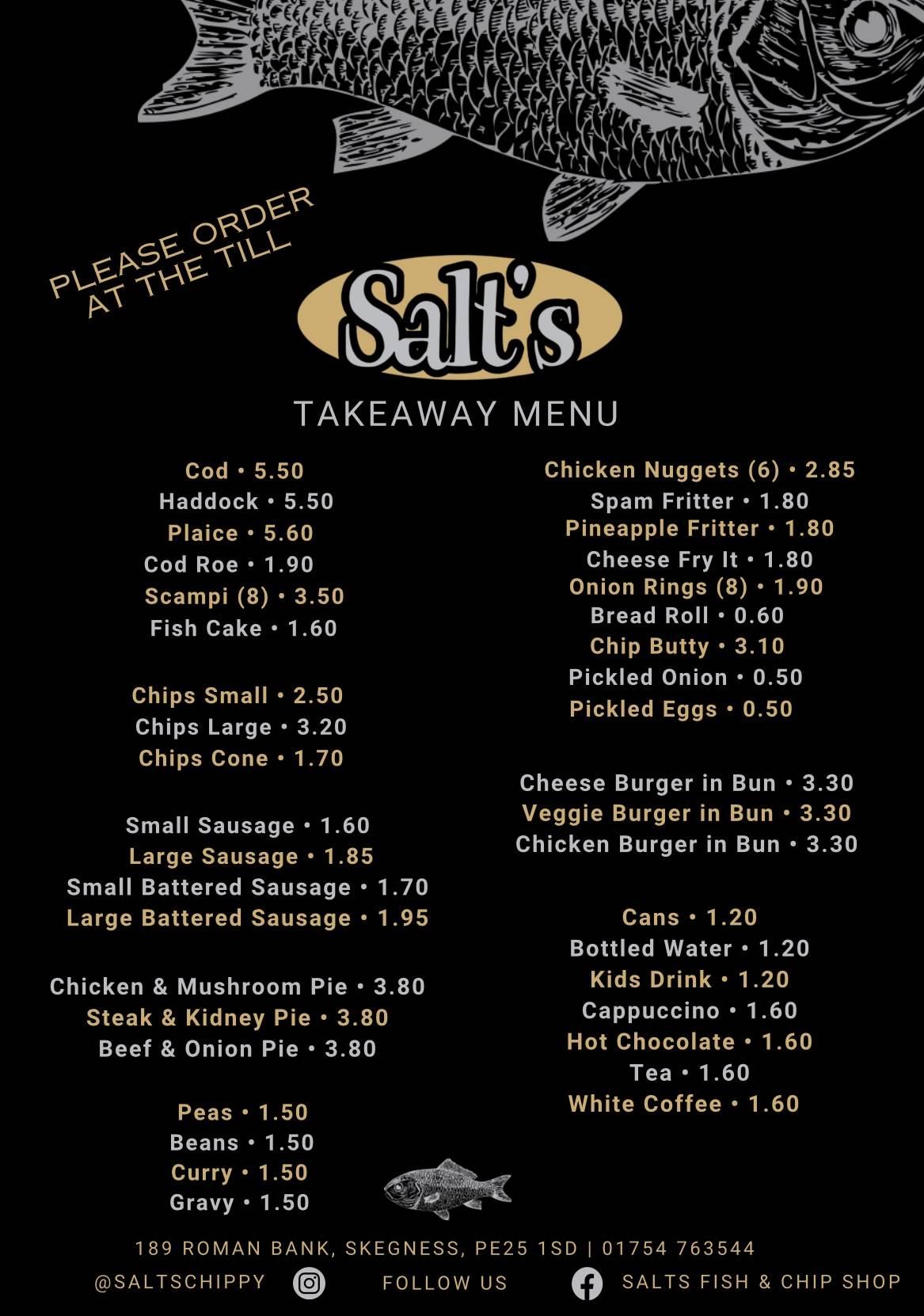 Menu at Salts Fish & Chip Shop fast food, Skegness