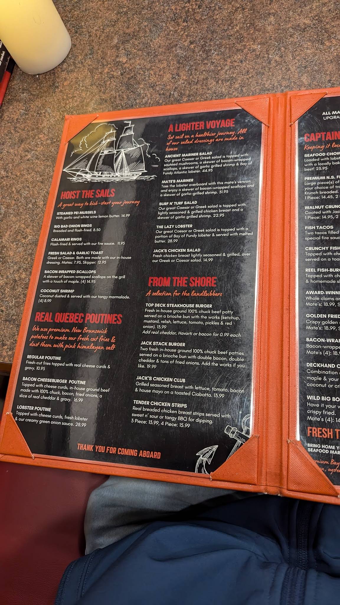 Menu at Skipper Jack's Maritime Restaurant, Moncton