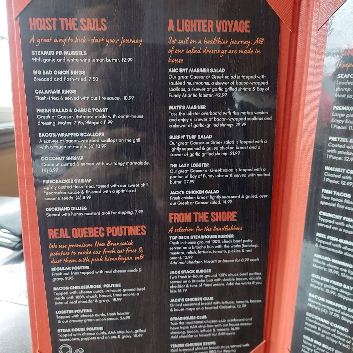 Menu at Skipper Jack's Maritime Restaurant, Moncton