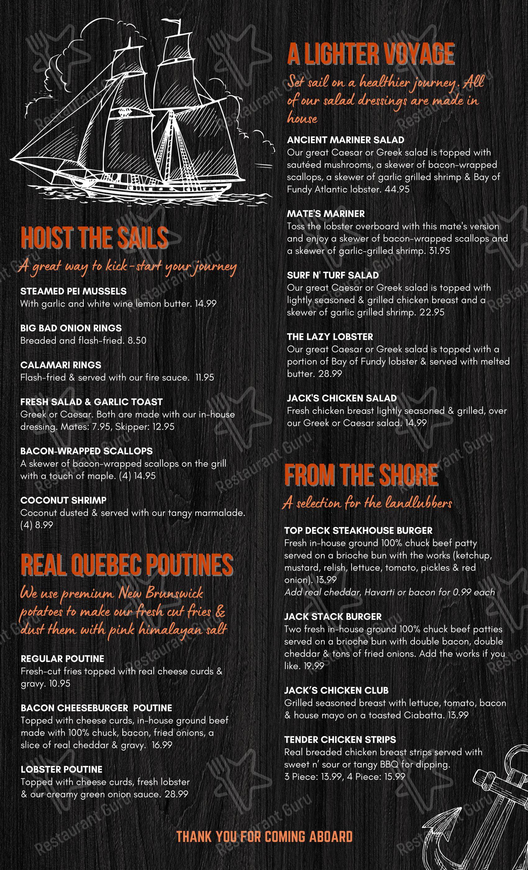 Menu at Skipper Jack's Maritime Restaurant, Moncton