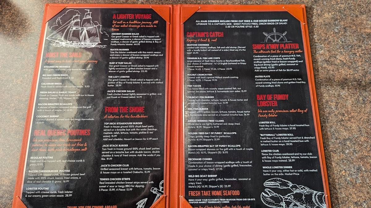 Menu at Skipper Jack's Maritime Restaurant, Moncton