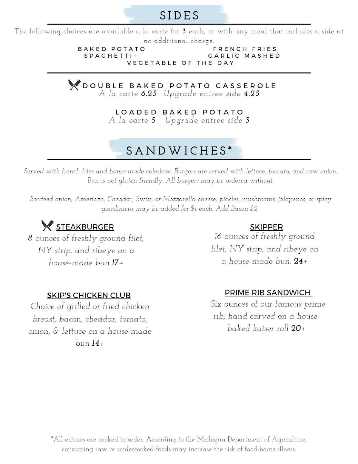 Menu at Skip's Restaurant and Catering, New Buffalo