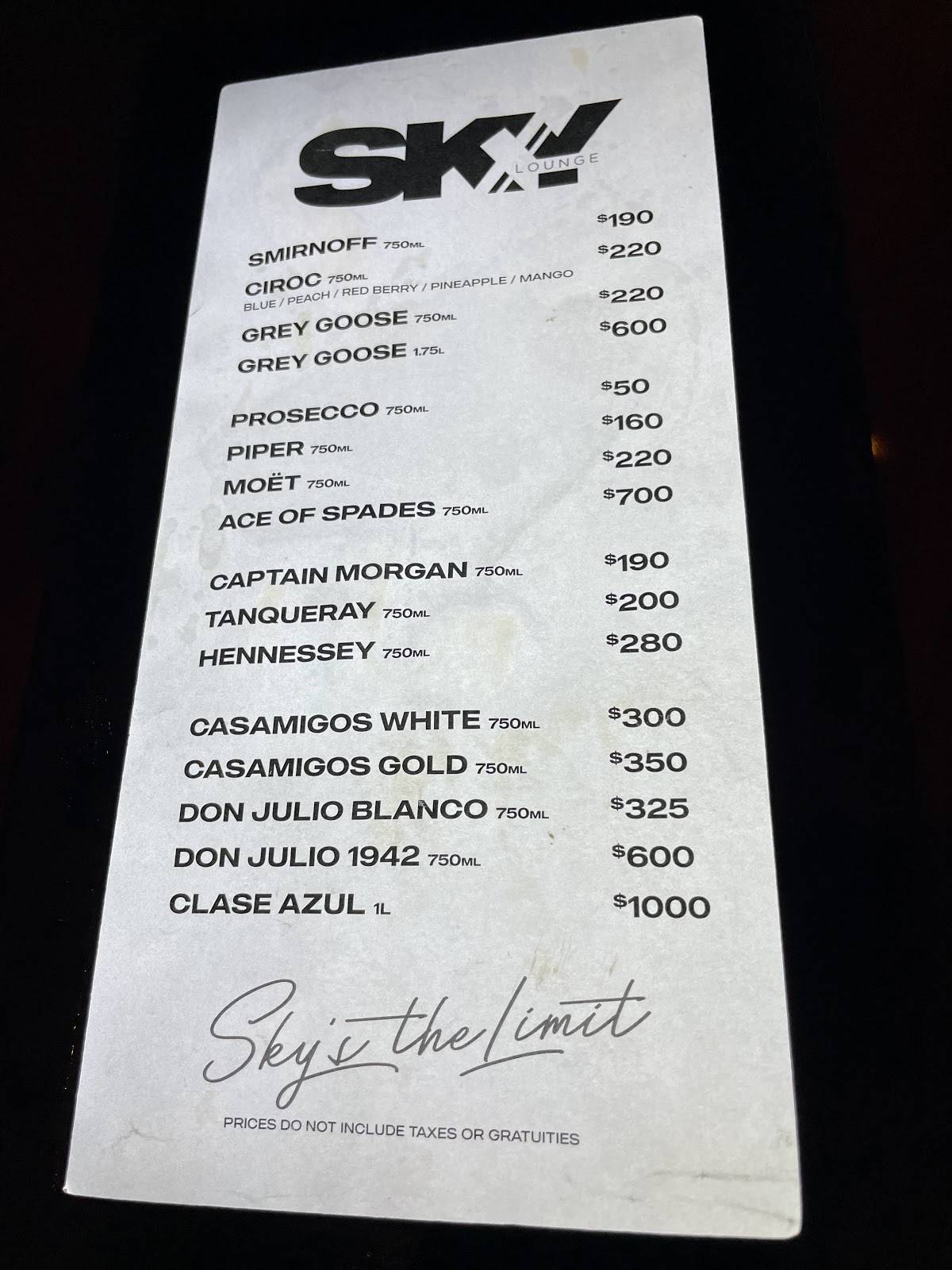 Menu at Sky Lounge club, Ottawa
