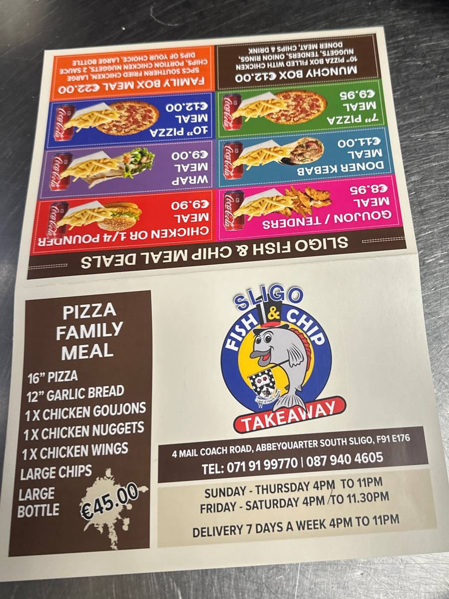 Menu at Sligo Fish & Chips restaurant, Sligo