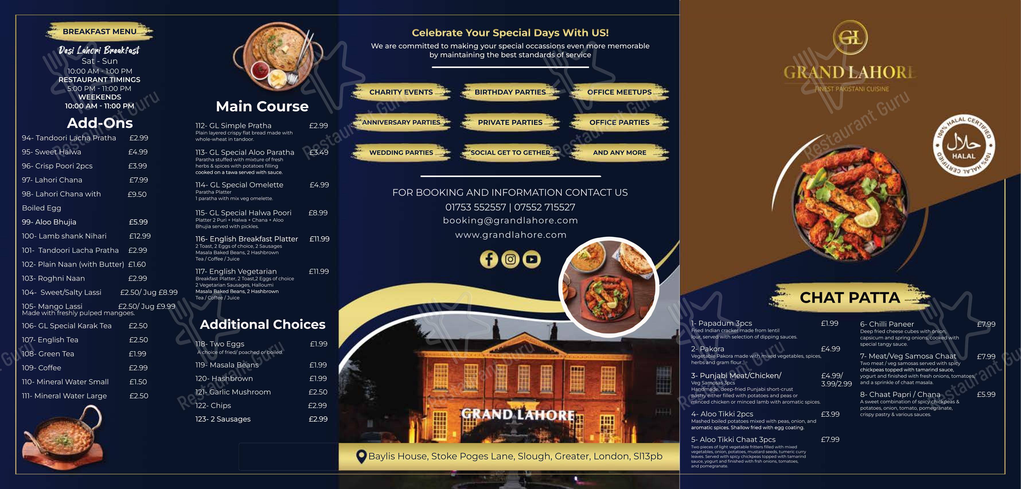 Menu at Grand Lahore restaurant, Slough