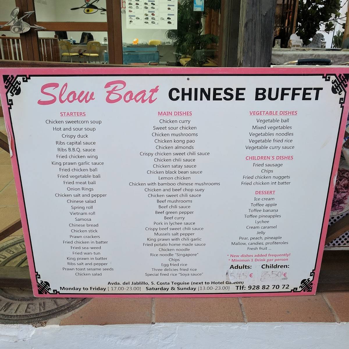 Menu at Slow Boat restaurant, Costa Adeje, Spain
