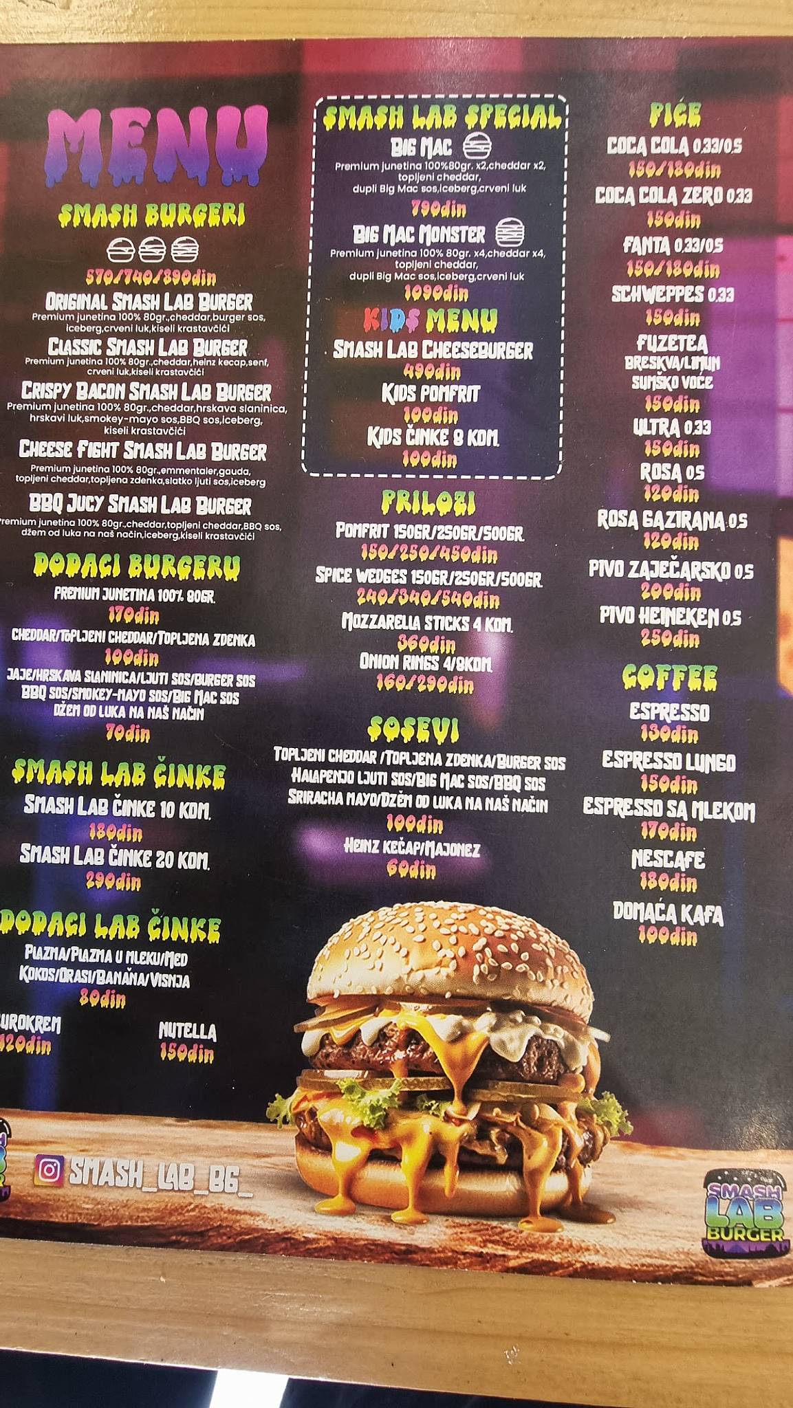 Menu at Smash Lab Burgers restaurant, Belgrade
