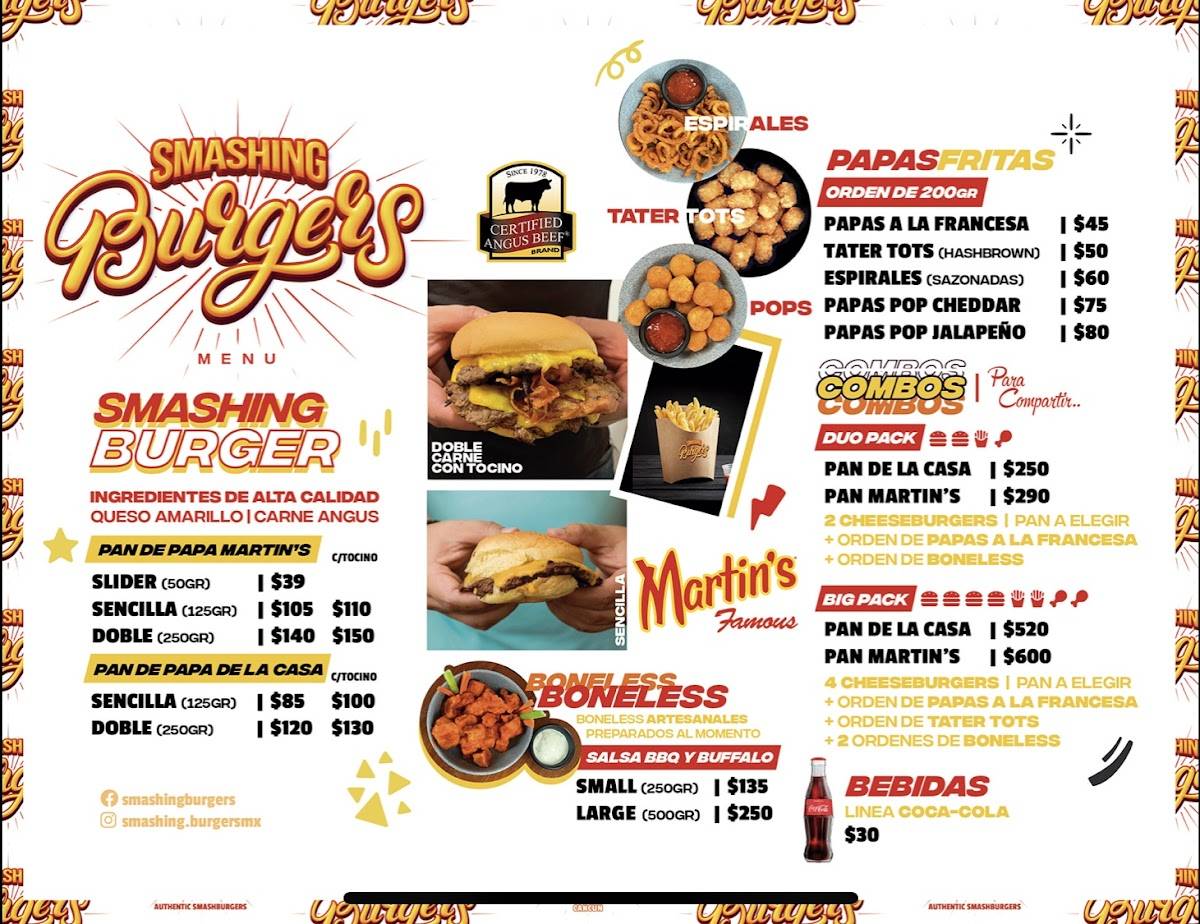 Menu at Smashing Burgers - Yaxchilan restaurant, Cancún