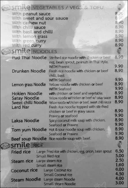 Menu at Smile Thai restaurant, Seaview Downs