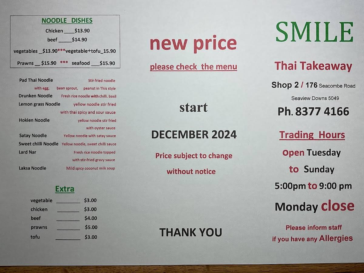 Menu at Smile Thai restaurant, Seaview Downs