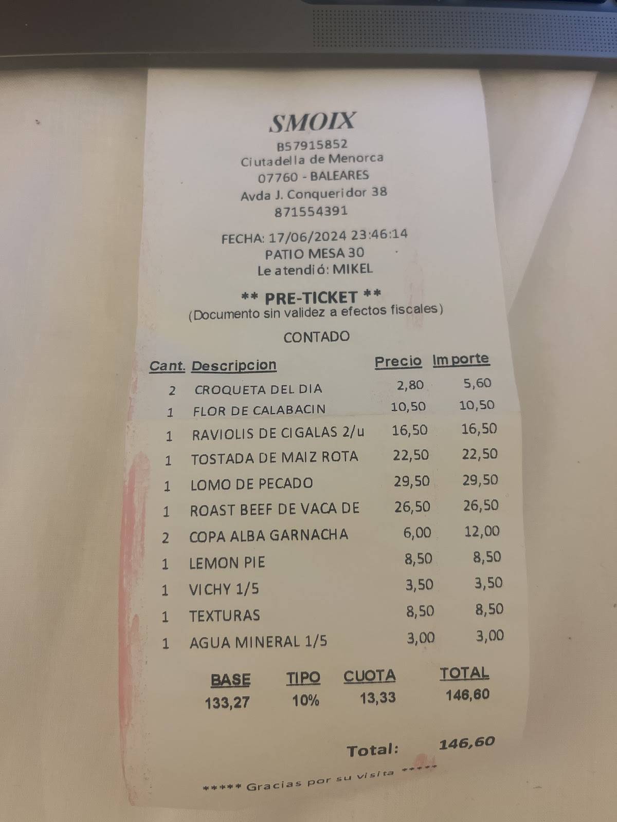 Menu at Smoix Restaurant, Ciutadella de Menorca