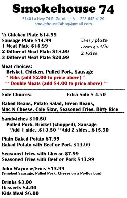 Menu at Smokehouse 74 BBQ, Saint Gabriel
