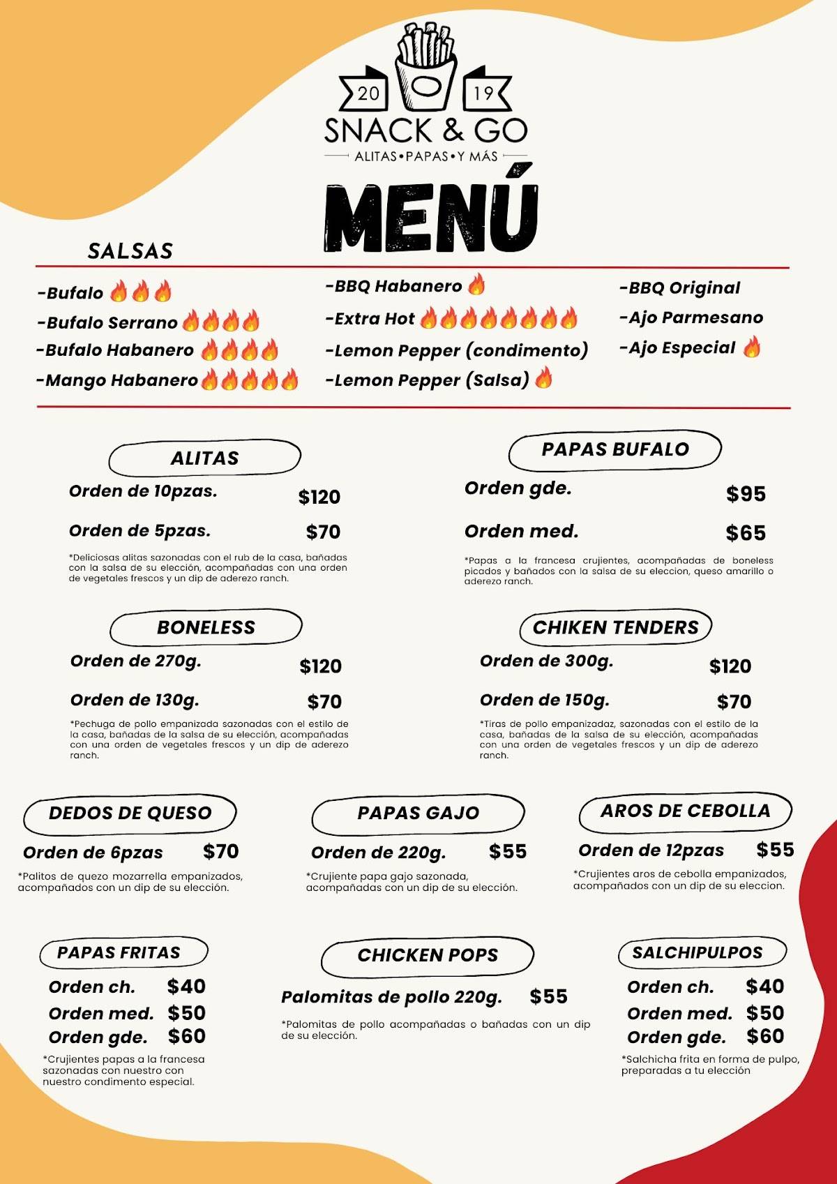 Menu at Snack and Go restaurant, Guadalajara