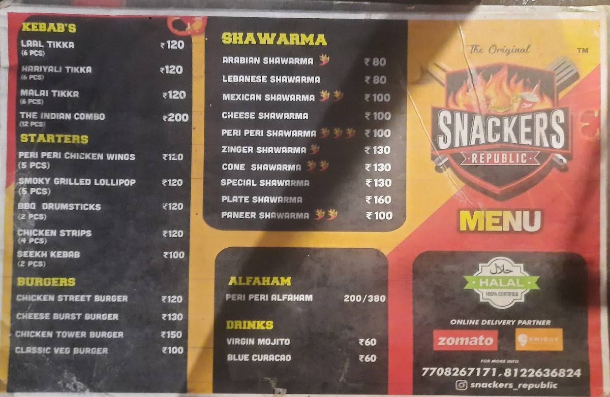 Menu at Snackers Republic, Erode