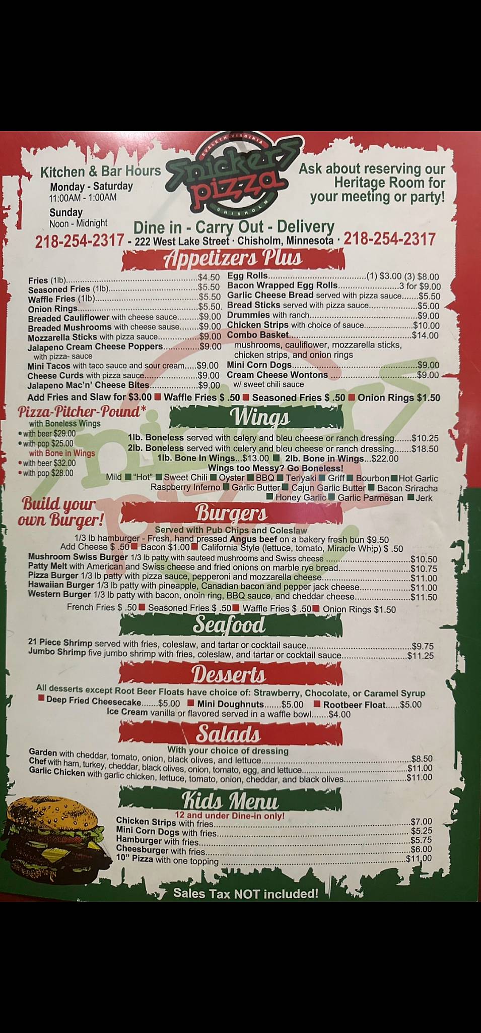 Menu at Snickers Pizza & Pub, Chisholm