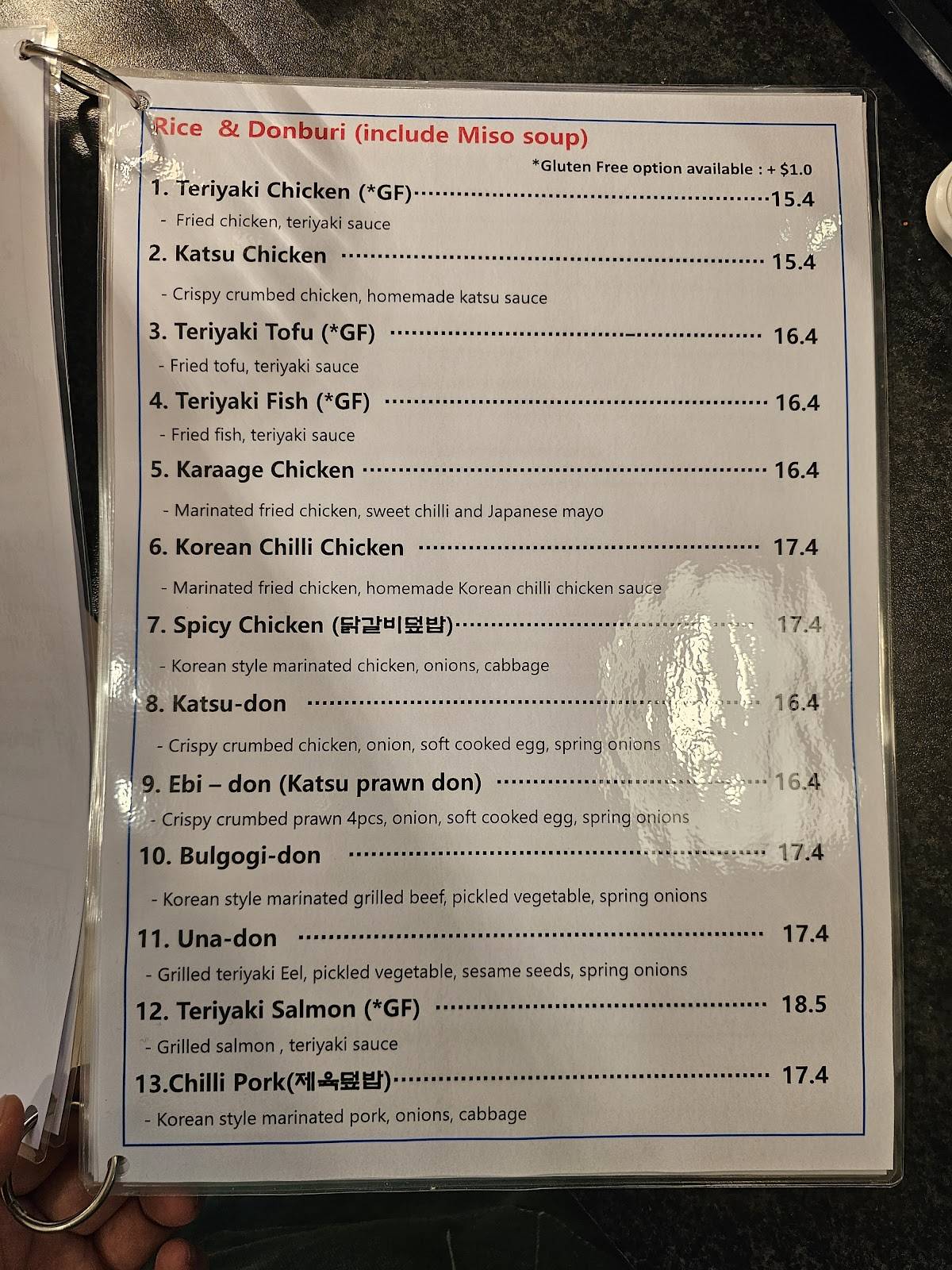 Menu at Snow Sushi restaurant, Willetton