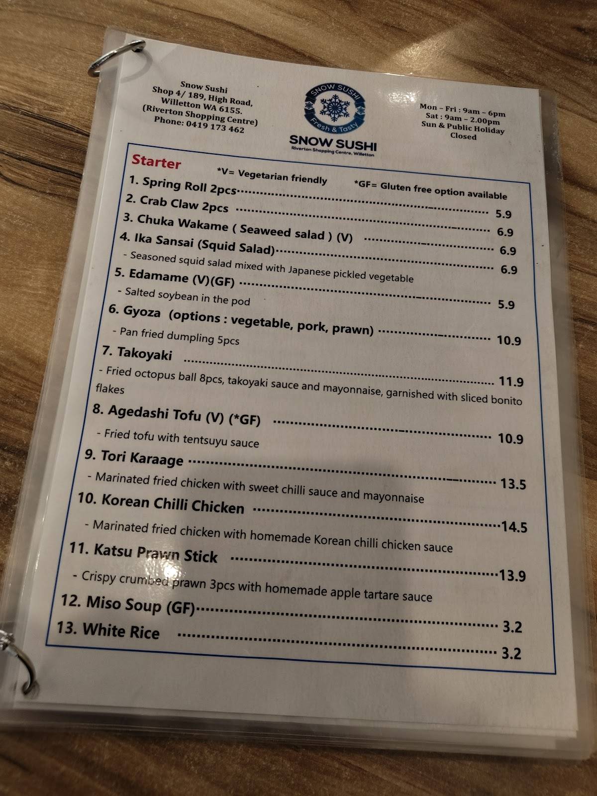Menu at Snow Sushi restaurant, Willetton