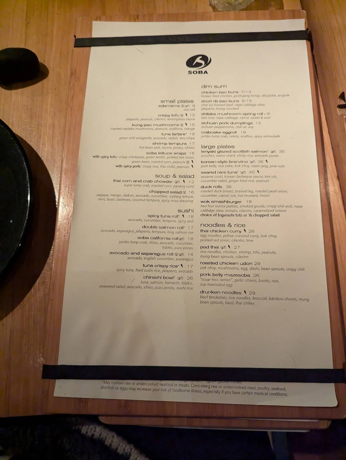 Menu at Soba restaurant, Pittsburgh