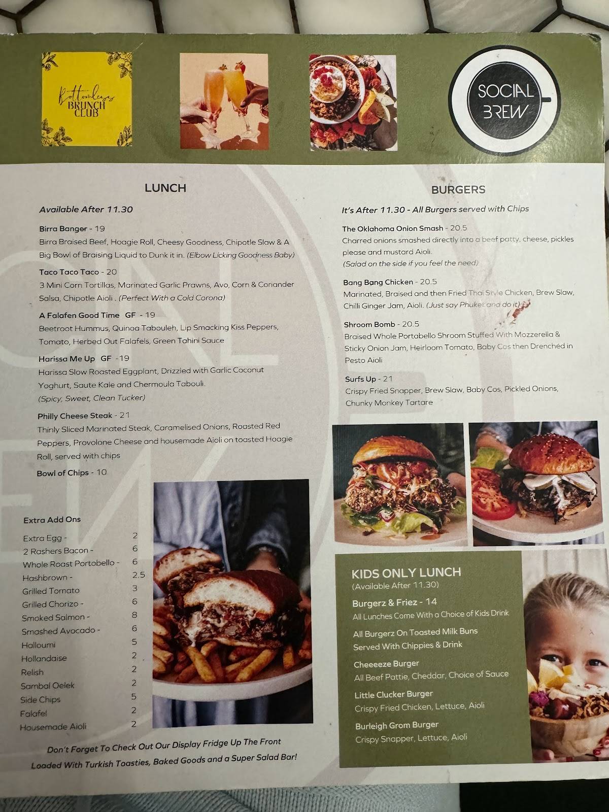 Menu at Social Brew cafe, Burleigh Heads, 34-36 James St