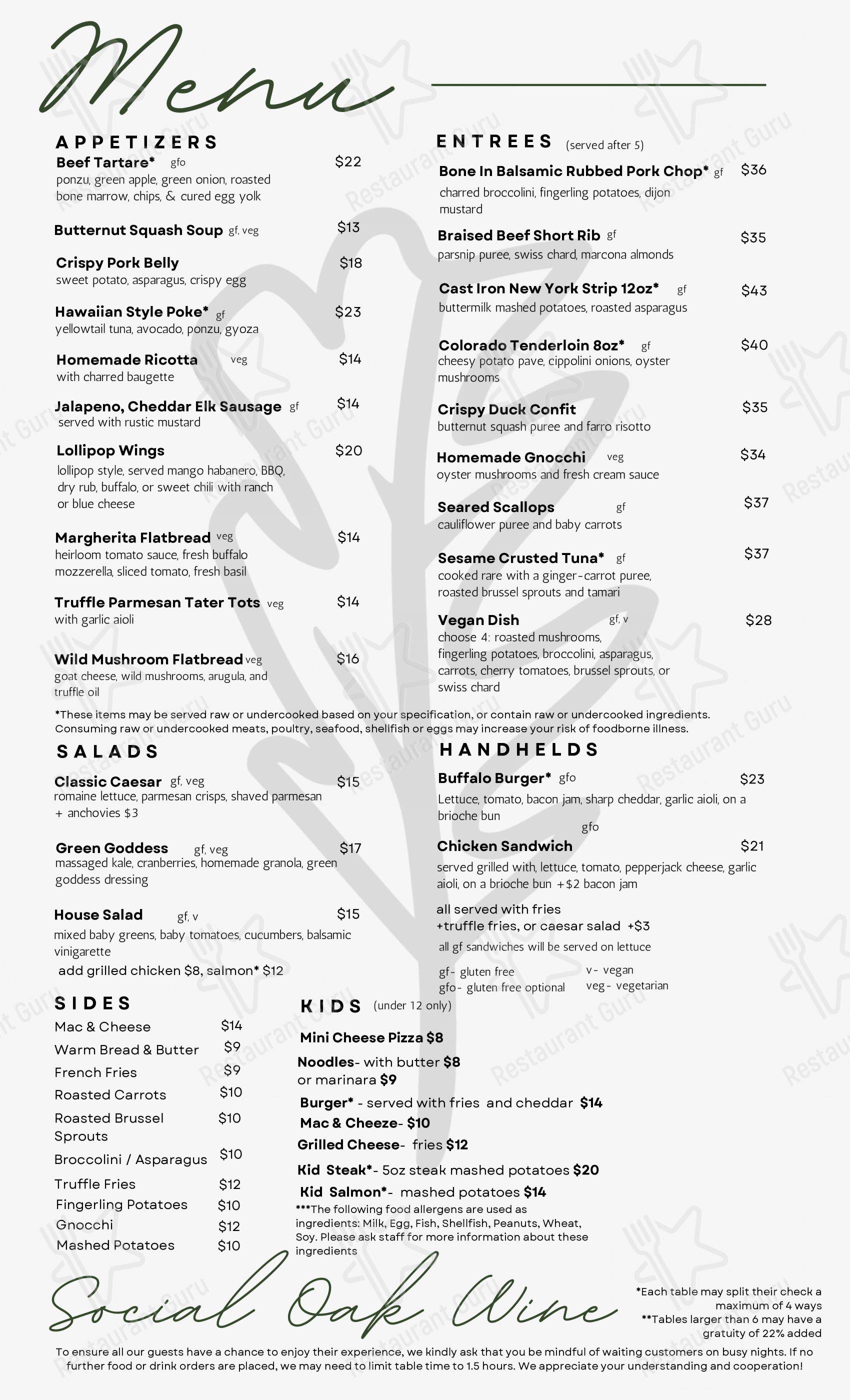 Menu at Social Oak Wine & Restaurant, Eagle