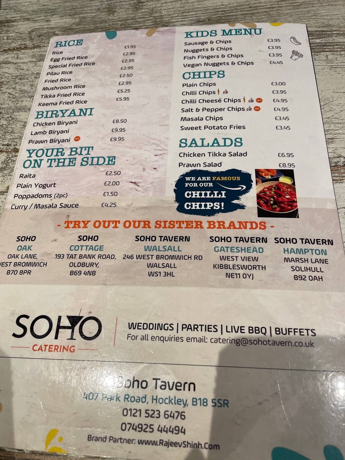 Menu at Soho Tavern pub & bar, Birmingham