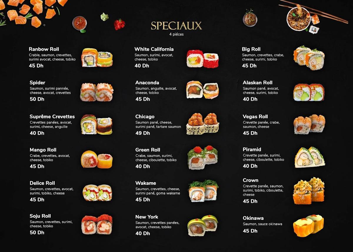 Menu au Soju Sushi restaurant, Tanger