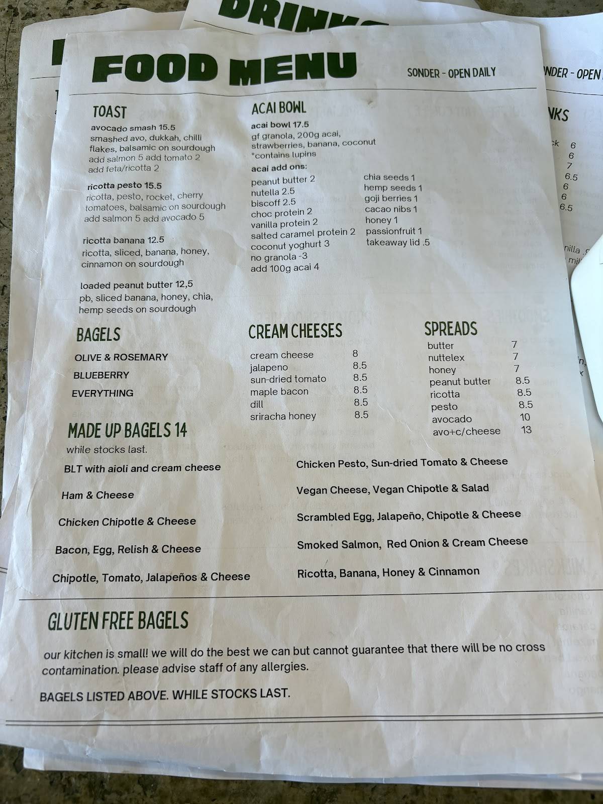 Menu at Sonder Coffee cafe, Victoria Park