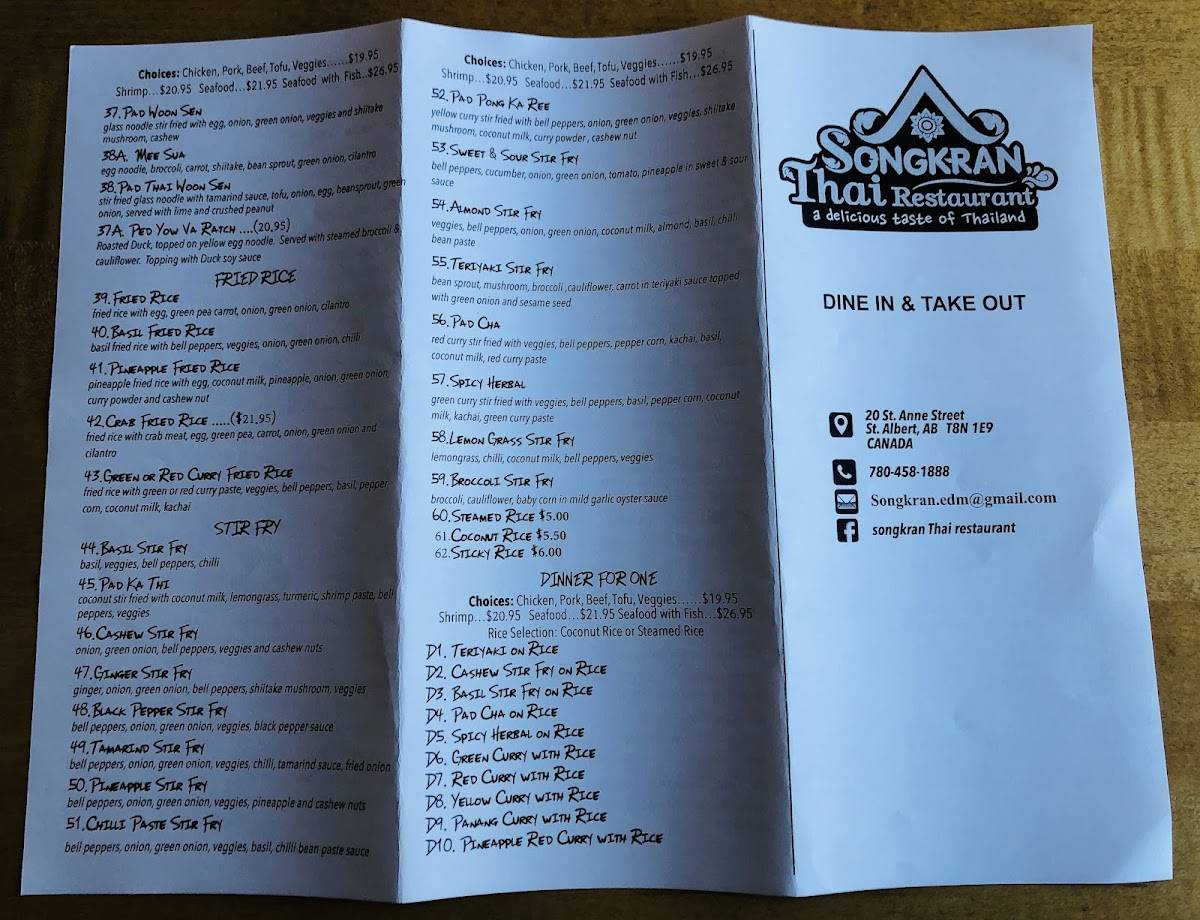 Menu at Songkran Thai Restaurant, St. Albert