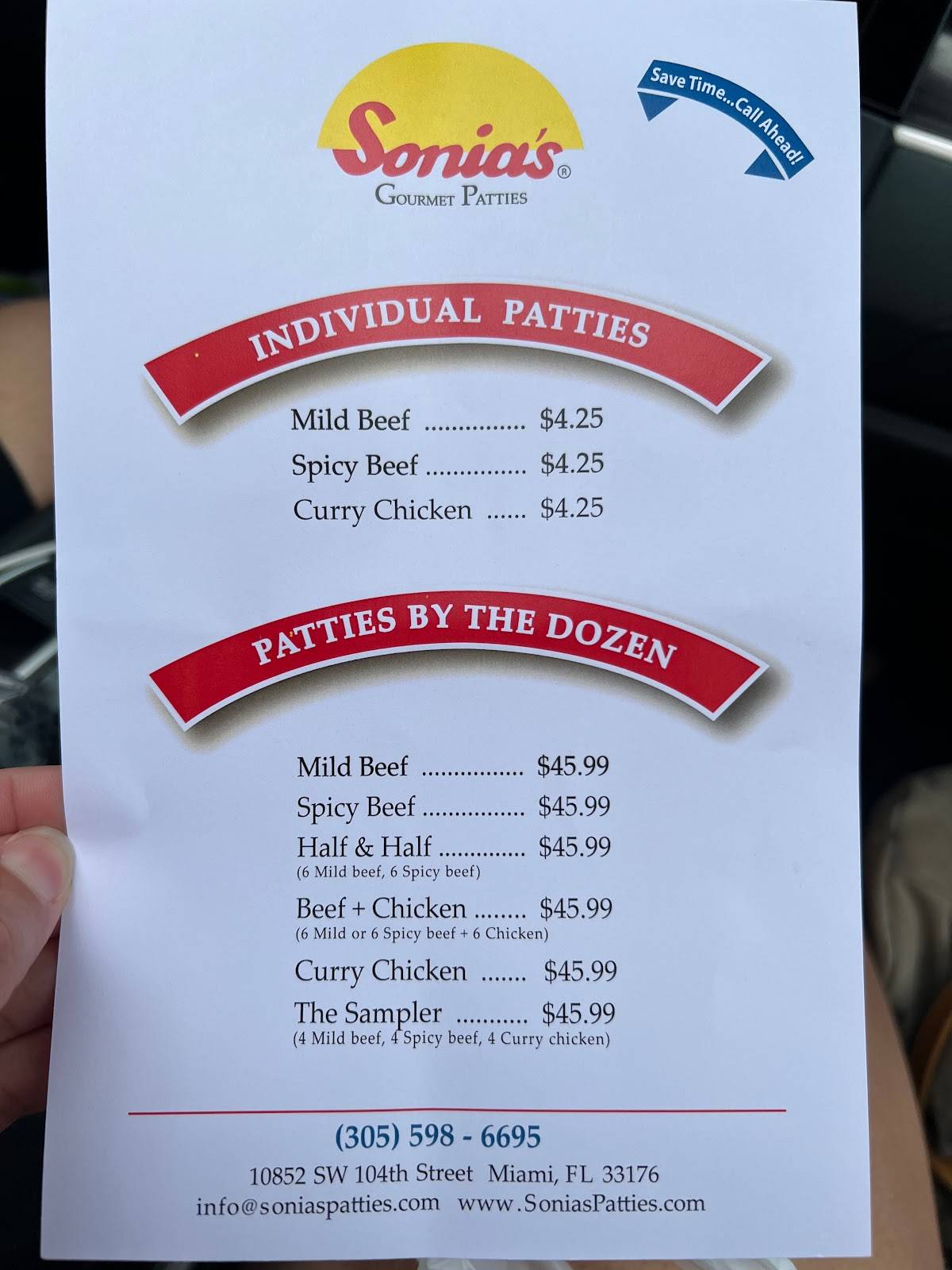 Menu at Sonia's Patties restaurant, Miami, SW 104th St