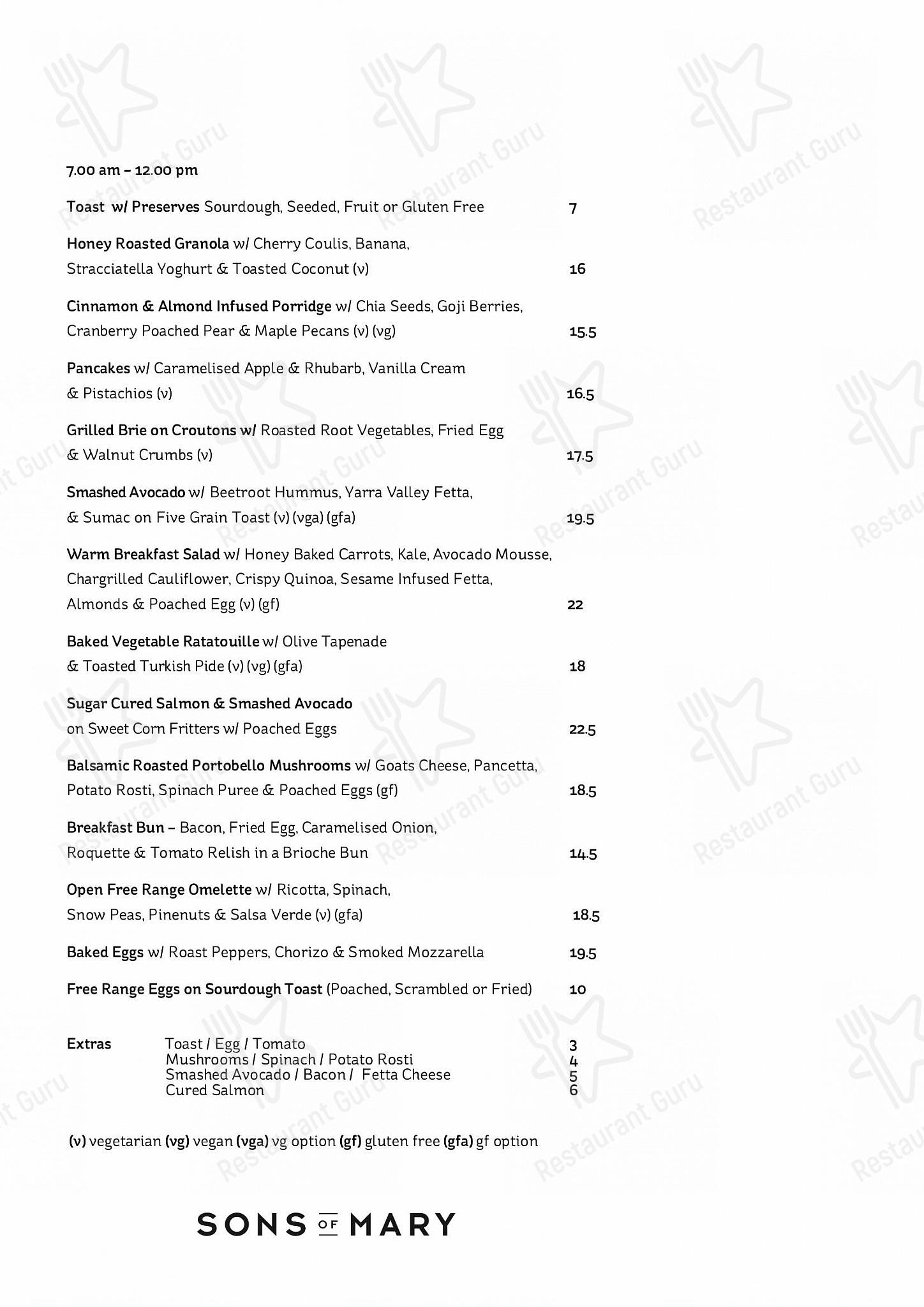 Menu at Sons Of Mary pub & bar, Brighton
