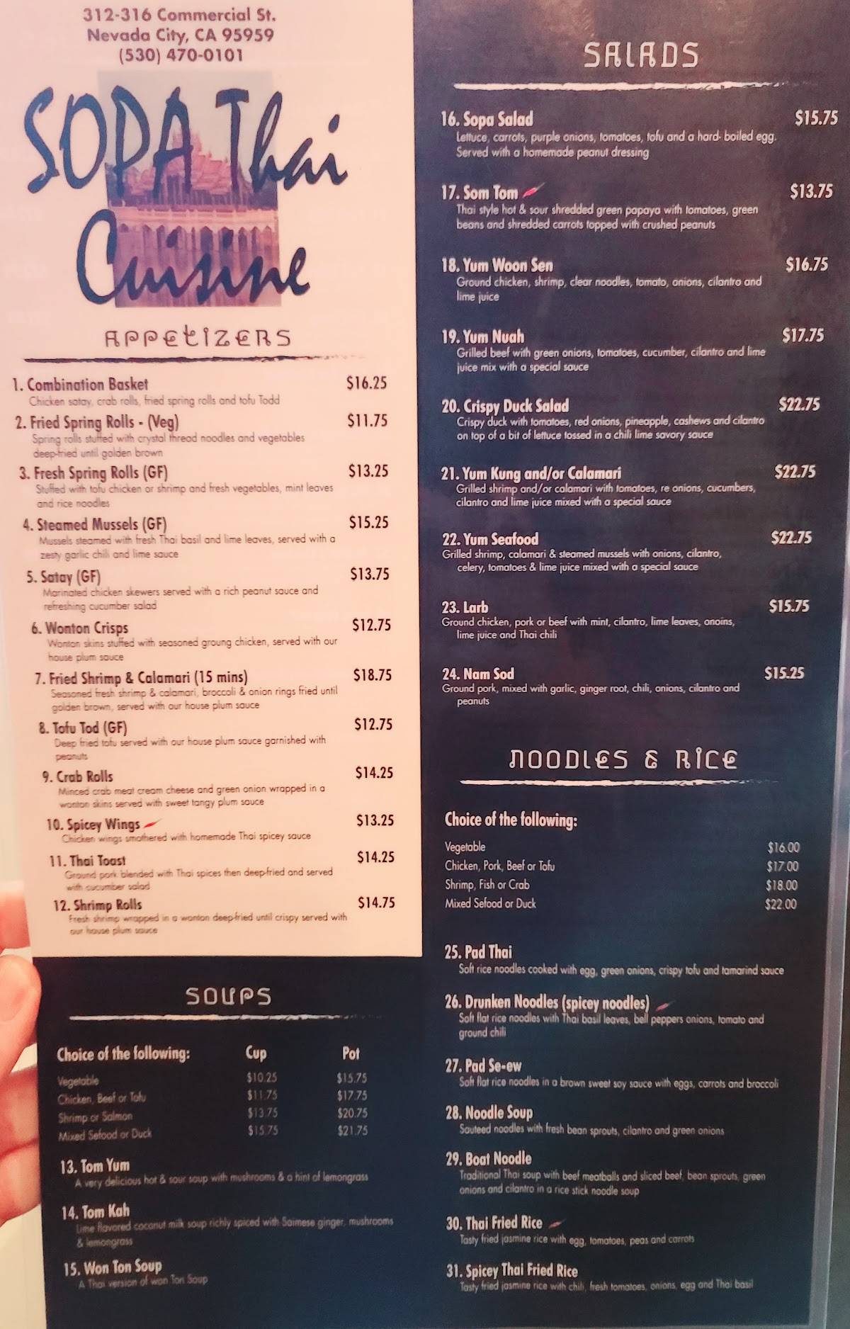 Menu at Sopa Thai Cuisine restaurant, Nevada City