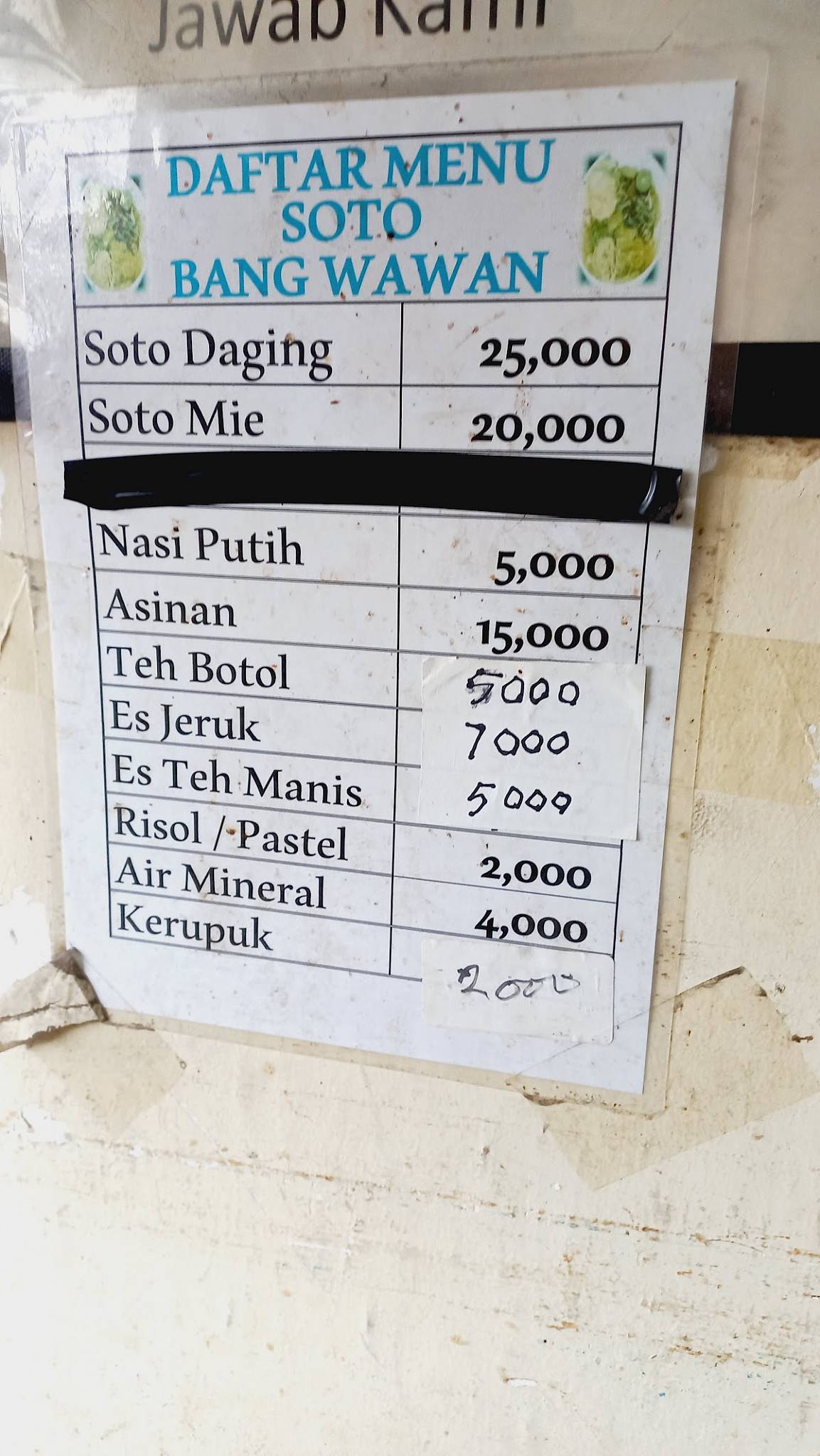 Menu at Soto Mie Bang Wawan restaurant, Central Jakarta