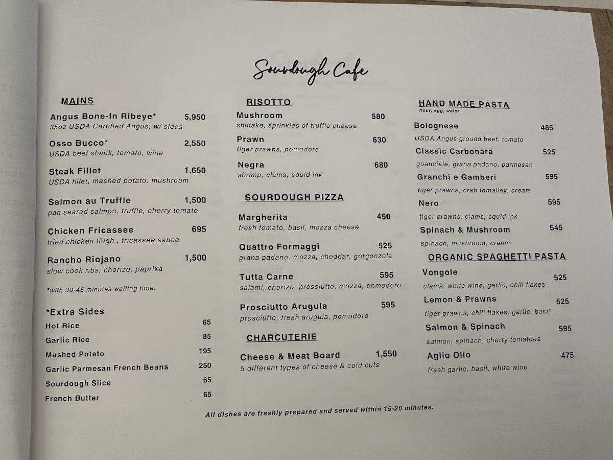 Carta de Sourdough Cafe Proscenium Rockwell, Makati