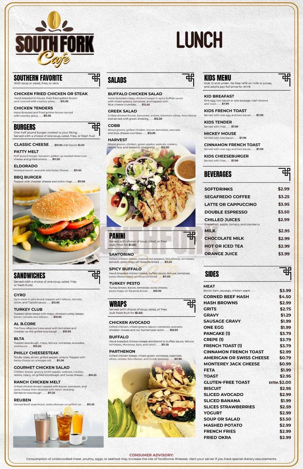Menu at South Fork Cafe, USA