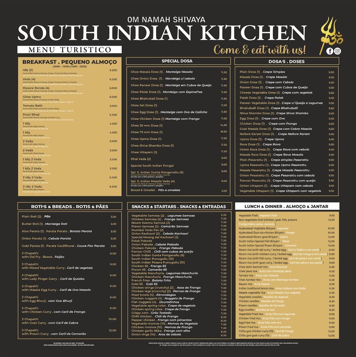 Menu at South Indian kitchen restaurant, Albufeira