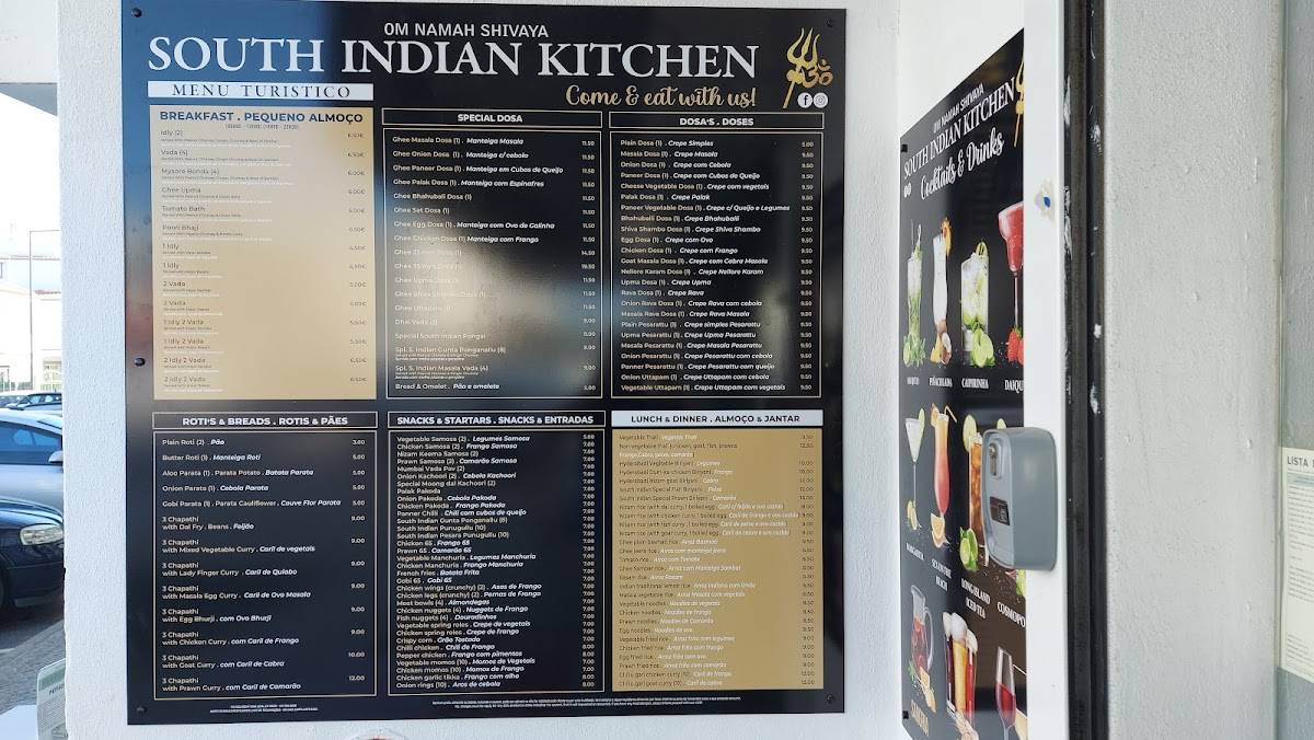 Menu at South Indian kitchen restaurant, Albufeira