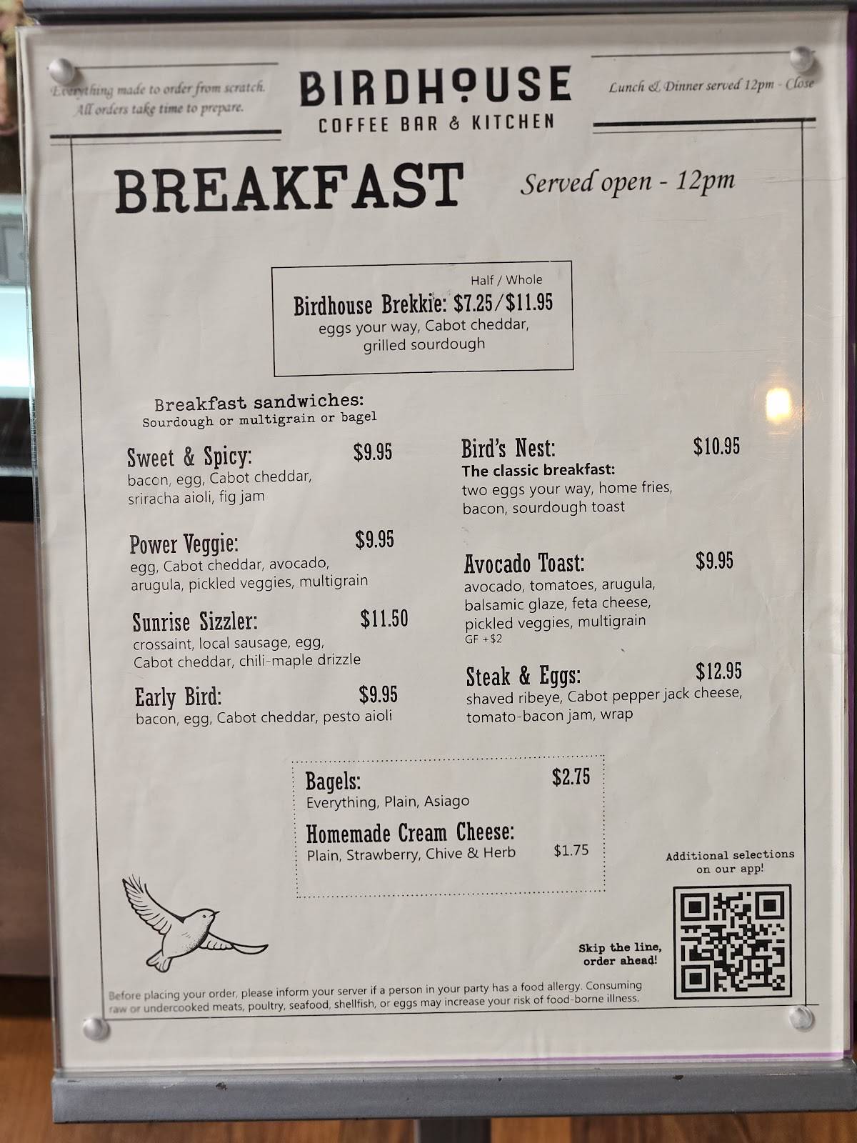 Menu at Birdhouse Coffee restaurant, South Windsor