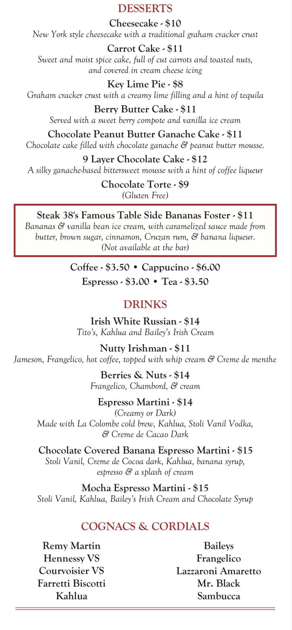 Menu at Steak 38 Tabernacle pub & bar, Tabernacle