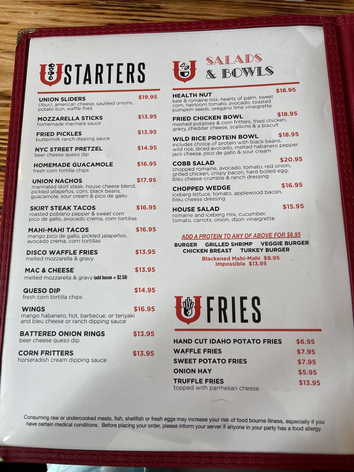 Menu at Union Burger Bar, Southampton