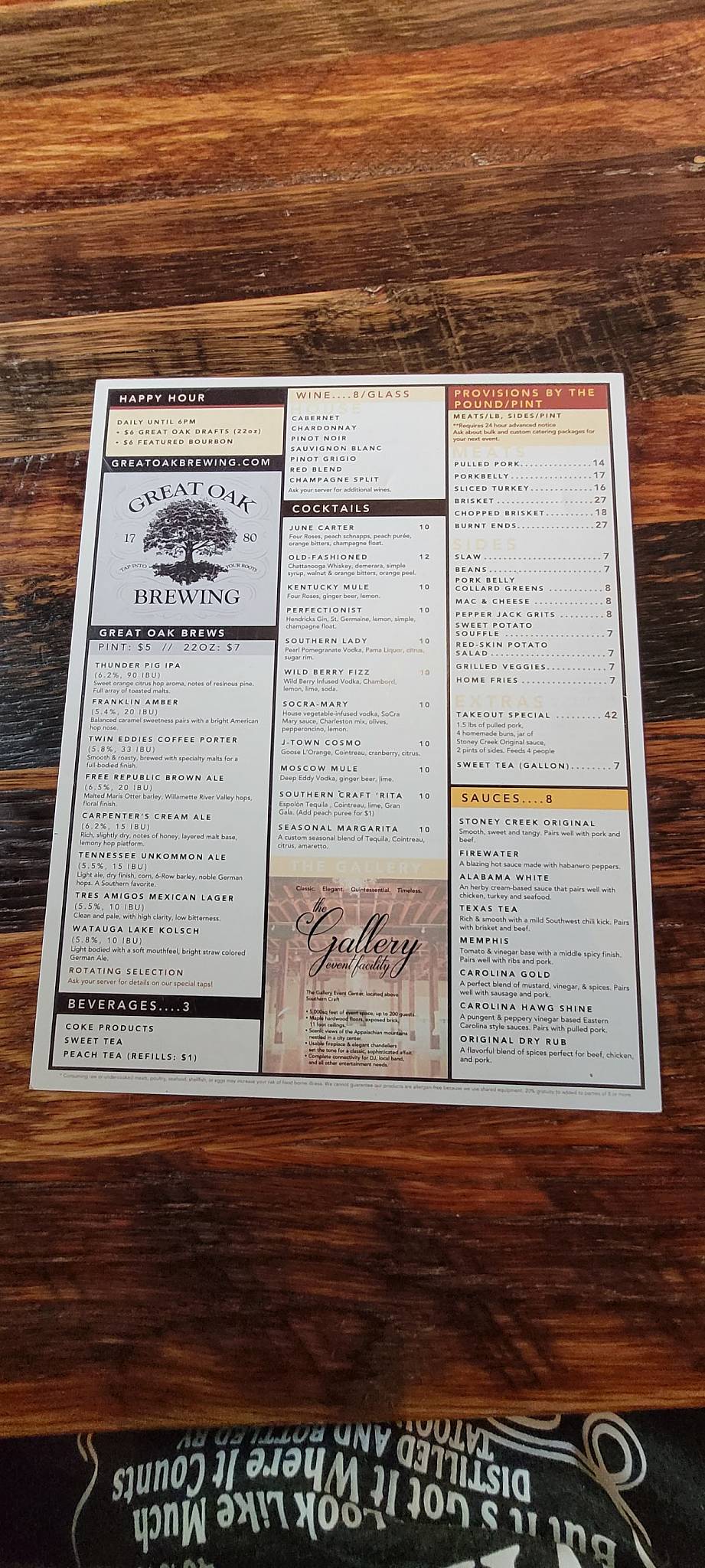 Menu at Southern Craft Barbecue, Greeneville