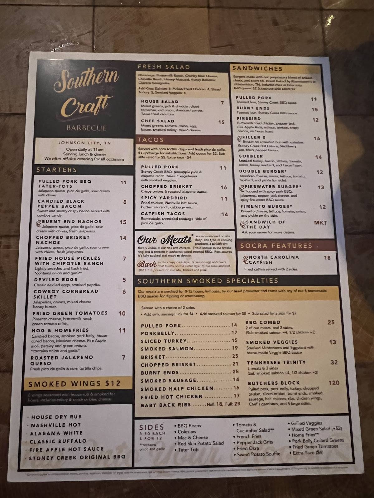 Menu at Southern Craft Barbecue, Greeneville