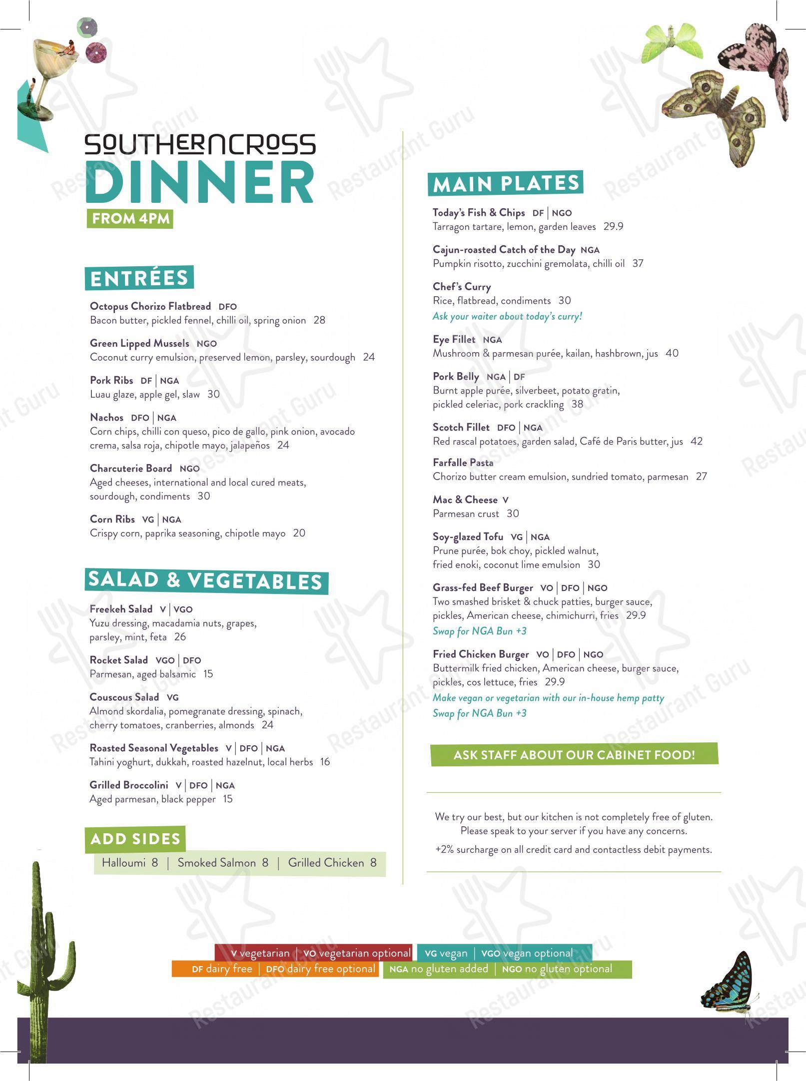 Menu at Southern Cross Garden Bar Restaurant, Wellington