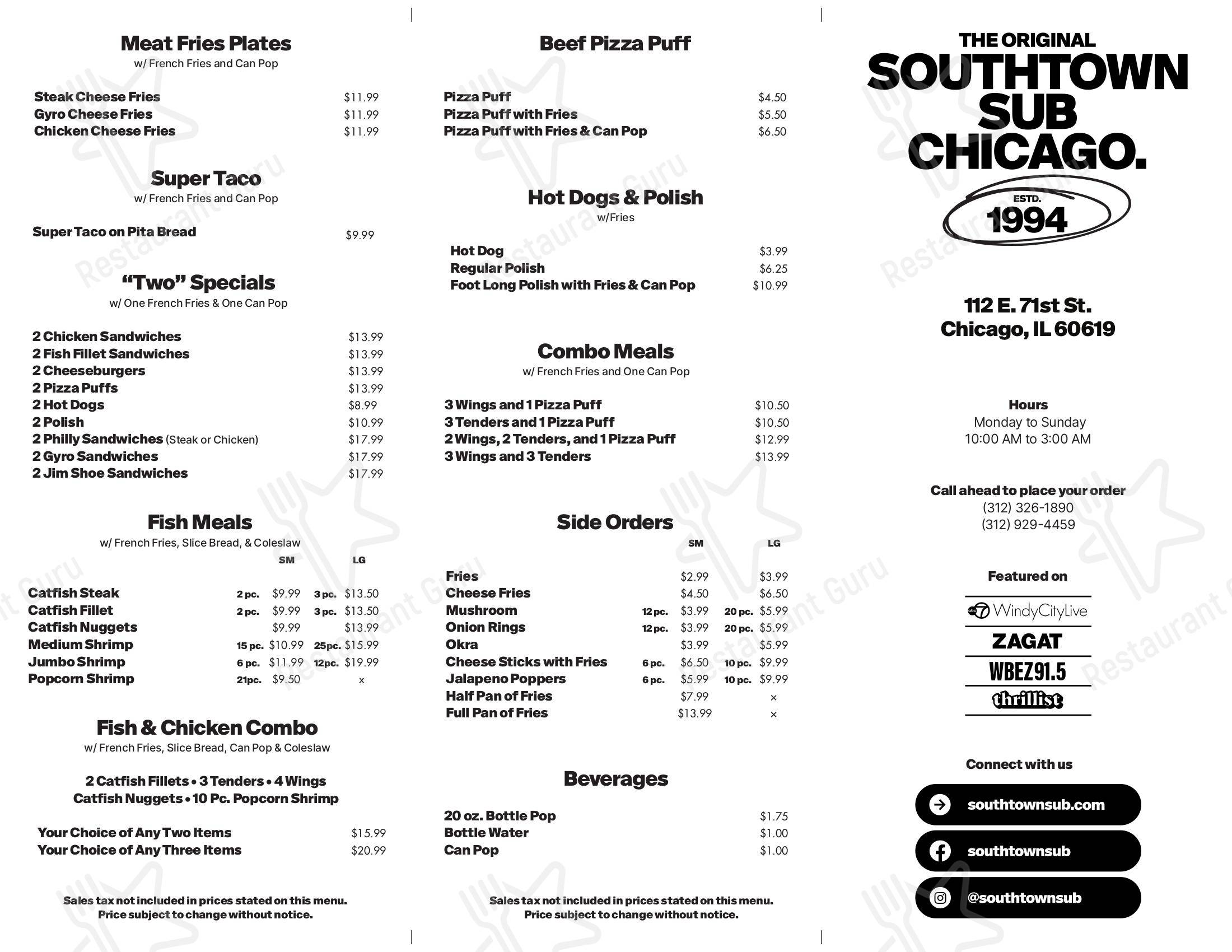 Menu at Southtown Sub fast food, Chicago, 240 E 35th St